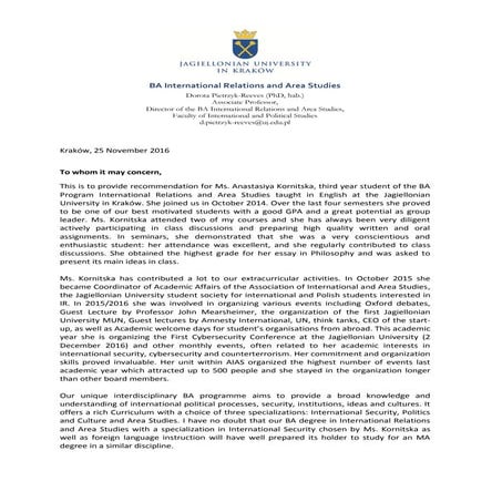 Kornitska_Recommendation letter | PDF