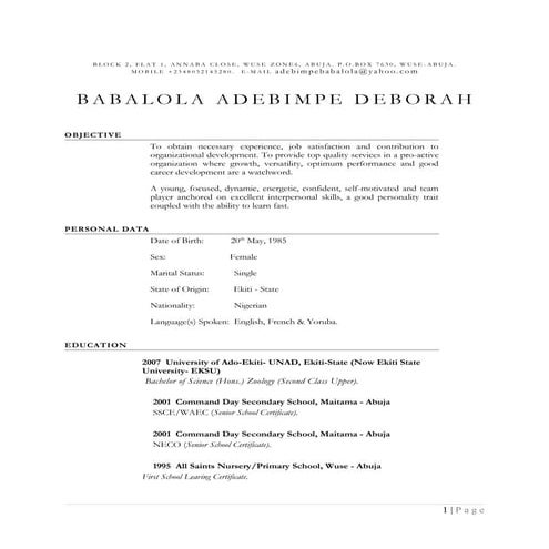 BABALOLA ADEBIMPE DEBORAH'S RESUME (1) | DOC | Infectious Diseases ...