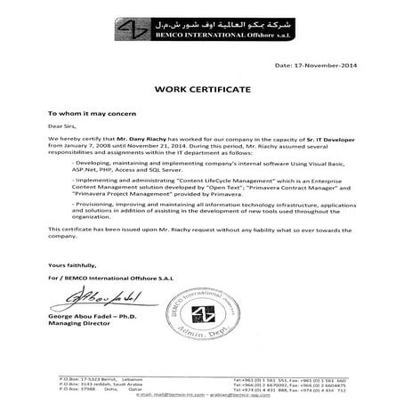 Work Certificate BEMCO | PDF