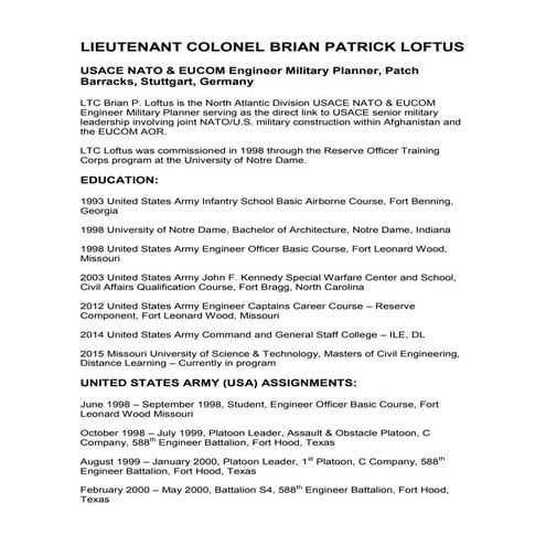 LTC Brian P Loftus Military Bio 21DEC2015 | PDF
