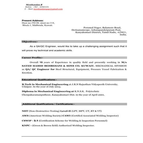 Cv for qc inspector mechanical | DOC
