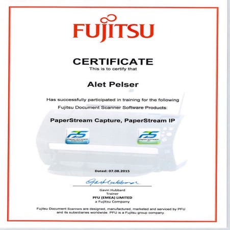 Fujitsu PaperStream IP & Capture Training certificate | PDF