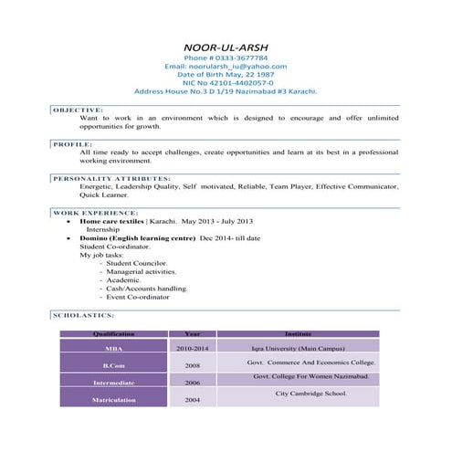 NOOR-UL-ARSH RESUME (1) | PDF