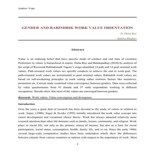 GENDER AND RABINDRIK WORK VALUE ORIENTATION | DOC