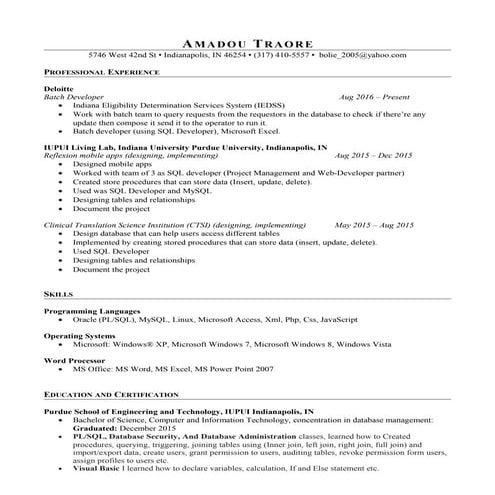 Amadou Traore Resume-2016 | DOC | Databases | Computer Software and Applications
