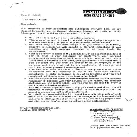 EXPERIENCE LETTER laurel bakery | PDF