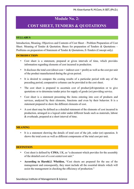 Cost Sheet , Tender and quotation | PDF | Business Accounting & Finance ...