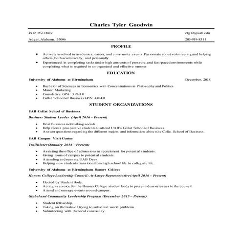 Charles Goodwin - Academic Resume (2) | DOCX | Undergraduate Education | College Education
