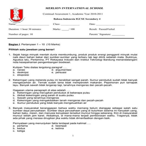 Continual Assessment 1 Bahasa Indonesia IGCSE 2011 | DOC