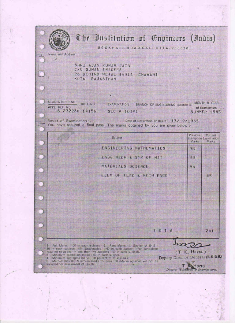 AMIE Section 'A' & 'B' Mark Sheets