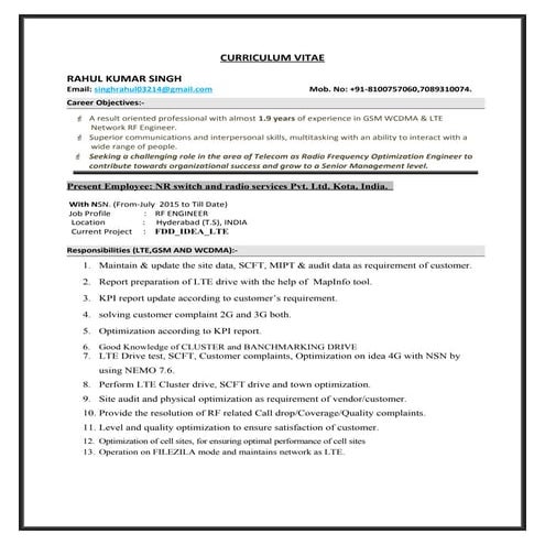 Resume_rahul kumar singhRF Engineer | DOC | Telecommunications Industry | Industries