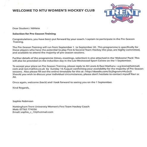 Nottingham Trent University Hockey Pre-Season Invitation | PDF