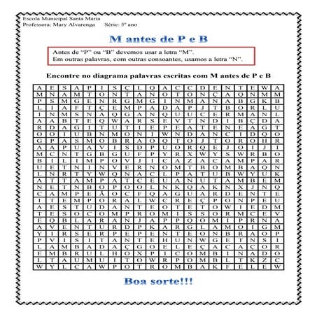 Caça-palavras ortografia M antes de P e B. | PDF