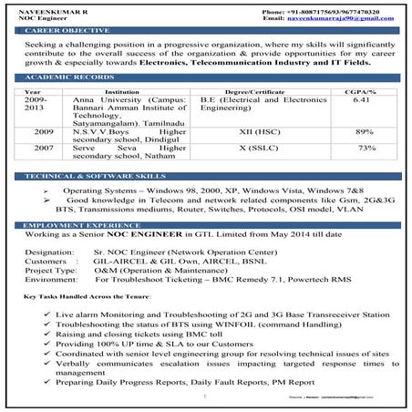 NOC ENGINEER_Naveenkumar R | PDF