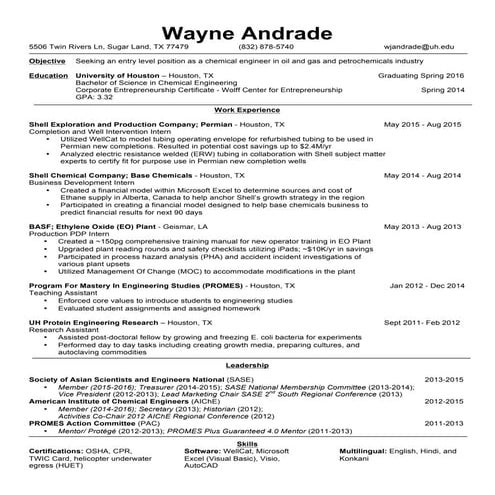 WayneAndradeCHEE Resume(Fall 2015) | PDF