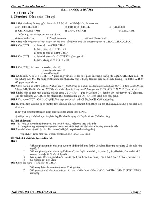 Bài tập tự luyện: Lý thuyết Alcohol | PDF