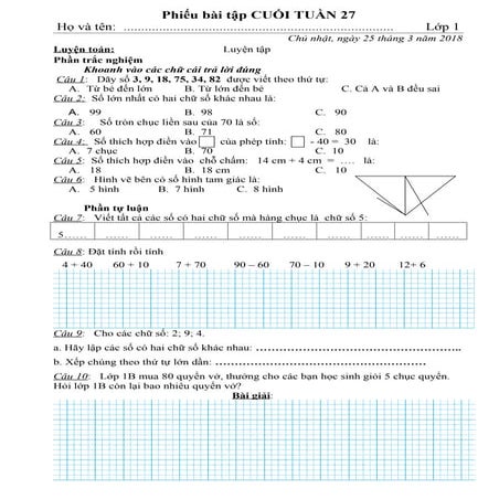 BÀI TẬP CUỐI TUẦN 27 LỚP 1 MÔN TOÁN + TV | PDF