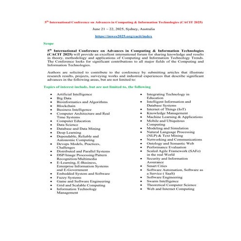 CFP : 5th International Conference on Advances in Computing & Information Technologies (CACIT ...