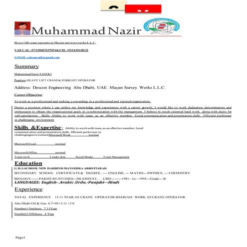 CV Muhammad Nazir Crane Operator NEW CV | DOC