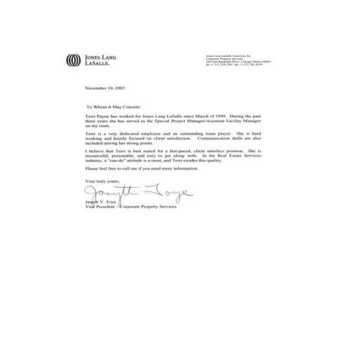 Letter of Recommendation from JLL | PDF
