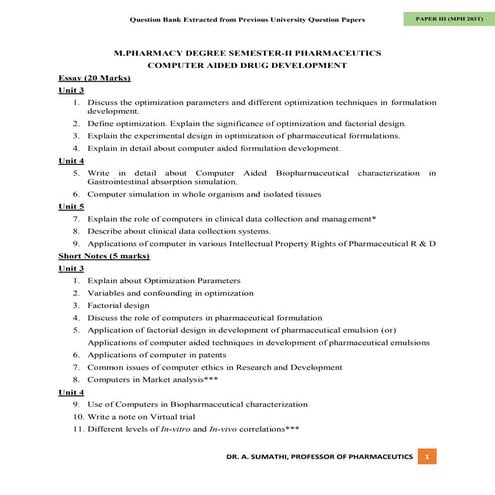 Dr. A. Sumathi - M.Pharm - CADD - Question Bank | PDF