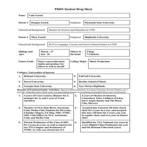 Cade Earick Brag Sheet | PDF