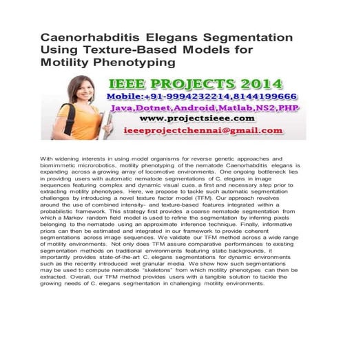 Caenorhabditis elegans segmentation using texture based models for motility phenotyping | DOCX ...