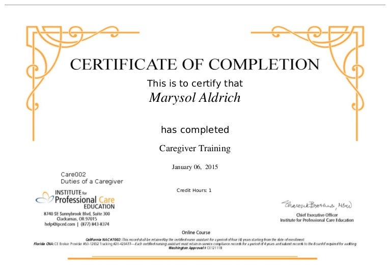 certificate duties of a caregiver