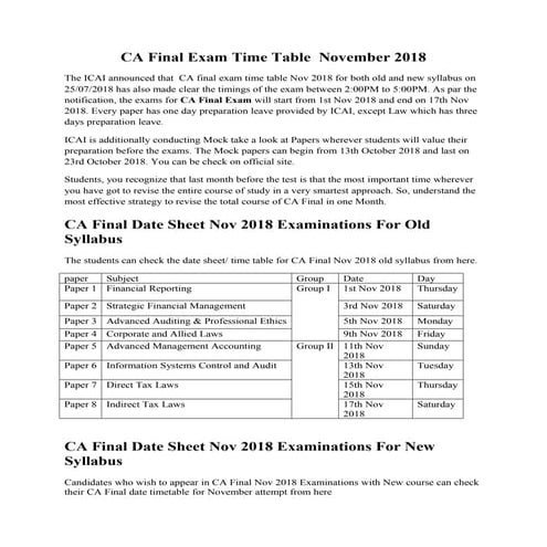 Ca final exam time table november 2018 | PDF