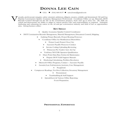 Cain, Donna L. Resume Oil and Gas Professional - Aug. 2015 | DOC