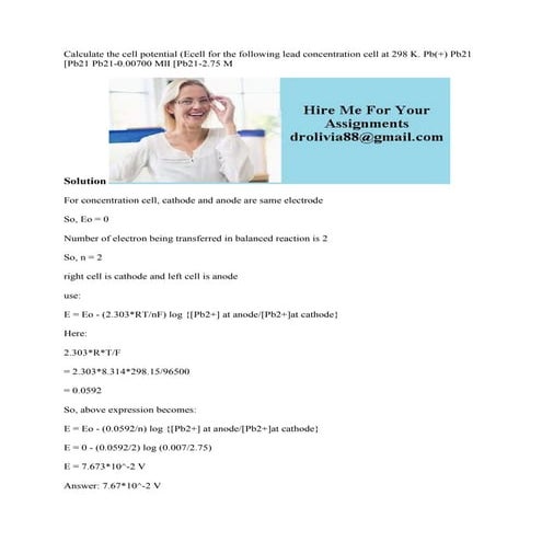 Calculate The Cell Potential Ecell For The Following Lead Concentrati Docx