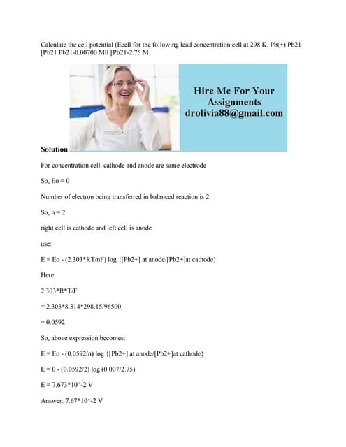 Calculate The Cell Potential Ecell For The Following Lead Concentrati Docx