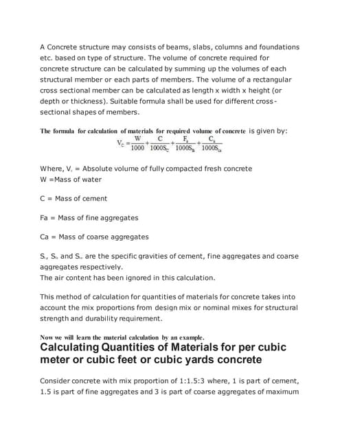Concrete Measuring Formula Concrete Calculation | PDF