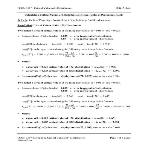 Calculating critical values of t distributions using tables of ...