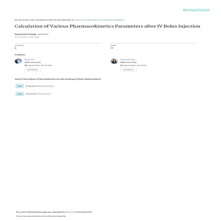 Calculation of various pharmacokinetics parameters after IV Bolus ...