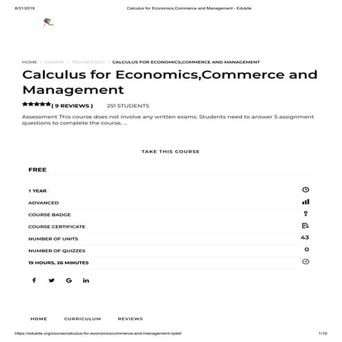 Calculus for Economics,Commerce and Management - Edukite | PDF