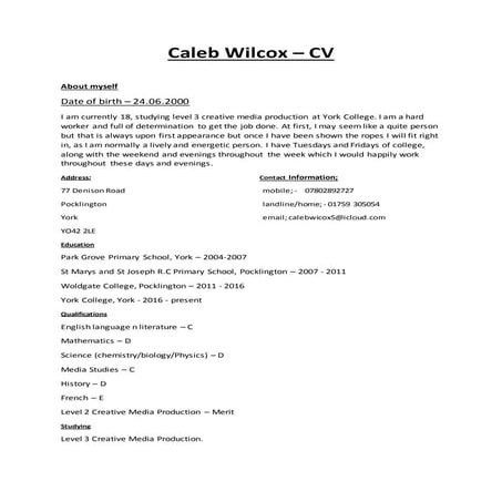 Caleb Wilcox - CV | PDF