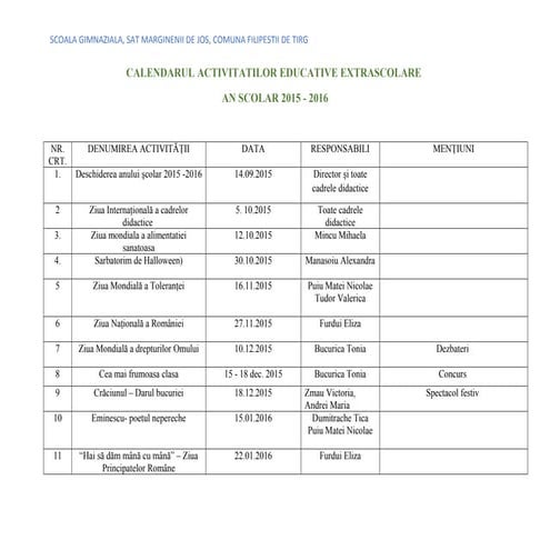 Calendar activitati 2015 2016 | DOC