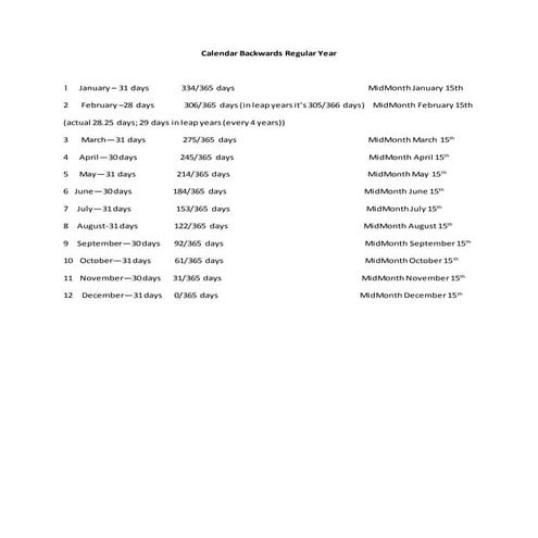 Calendar backwards regular year | DOCX