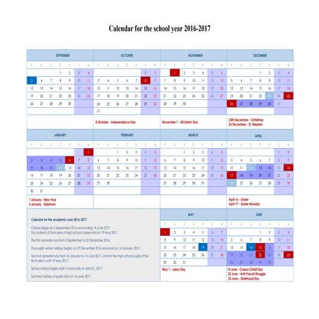 Calendar for the school year 2016 2017 | PPT