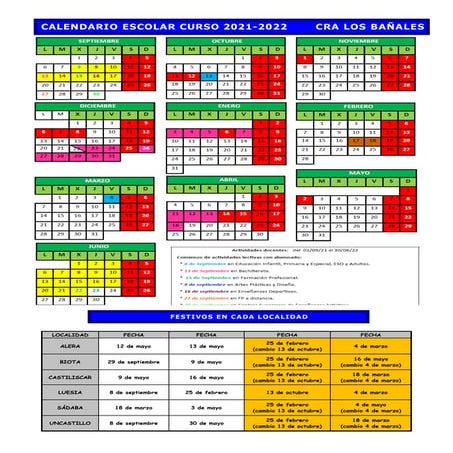 Calendario escolar 21 22 cra | PDF