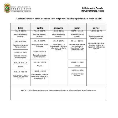 Calendario semanal de trabajo del profesor emilio vergne vélez 26 al 30 ...