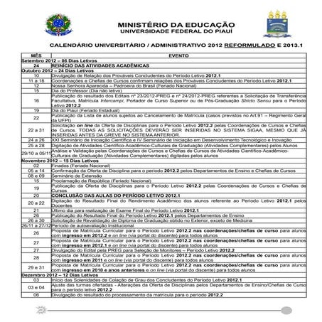 Calendário Acadêmico UFPI 2012 | PDF