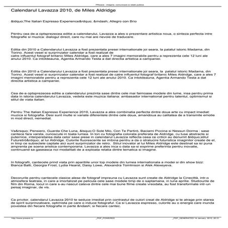 Calendar LAVAZZA 2010, de Miles Aldridge | PDF