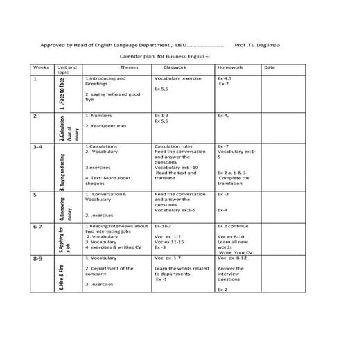 Calendar plan business english 1 | DOCX
