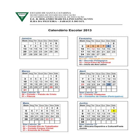 Calendário escolar 2013 | PDF