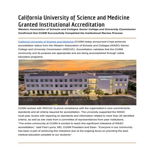 California University of Science and Medicine Granted Institutional ...