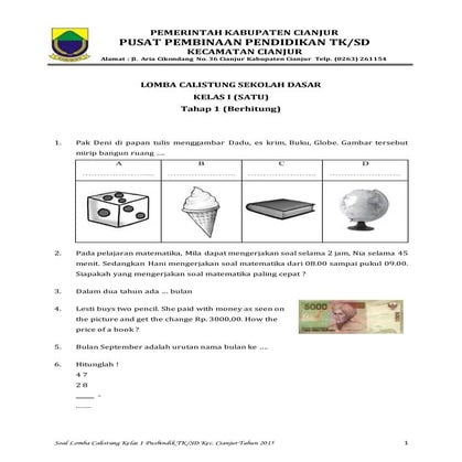 Calistung kelas 1 tahap 1 | DOCX