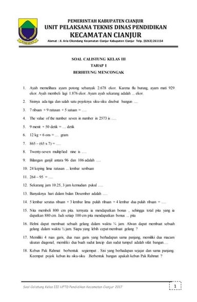 Calistung kelas 1 tahap 3 | PDF