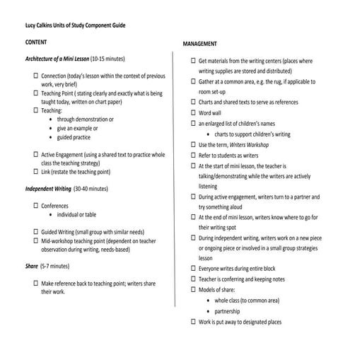 Calkins guide to lesson planning and management checklist for writing | DOC